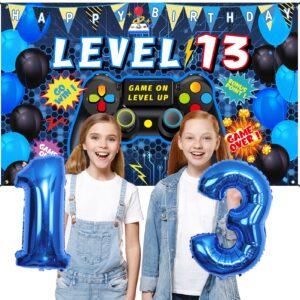 Vlipoeasn 90PCS 13th Birthday Video Game Party Decorations for Boys Set Blue 13th Birthday Supplies -13th Video Game Backdrop, Balloons, Tablecloth, Gamer and 13 Foil Balloons for 13 Years Old