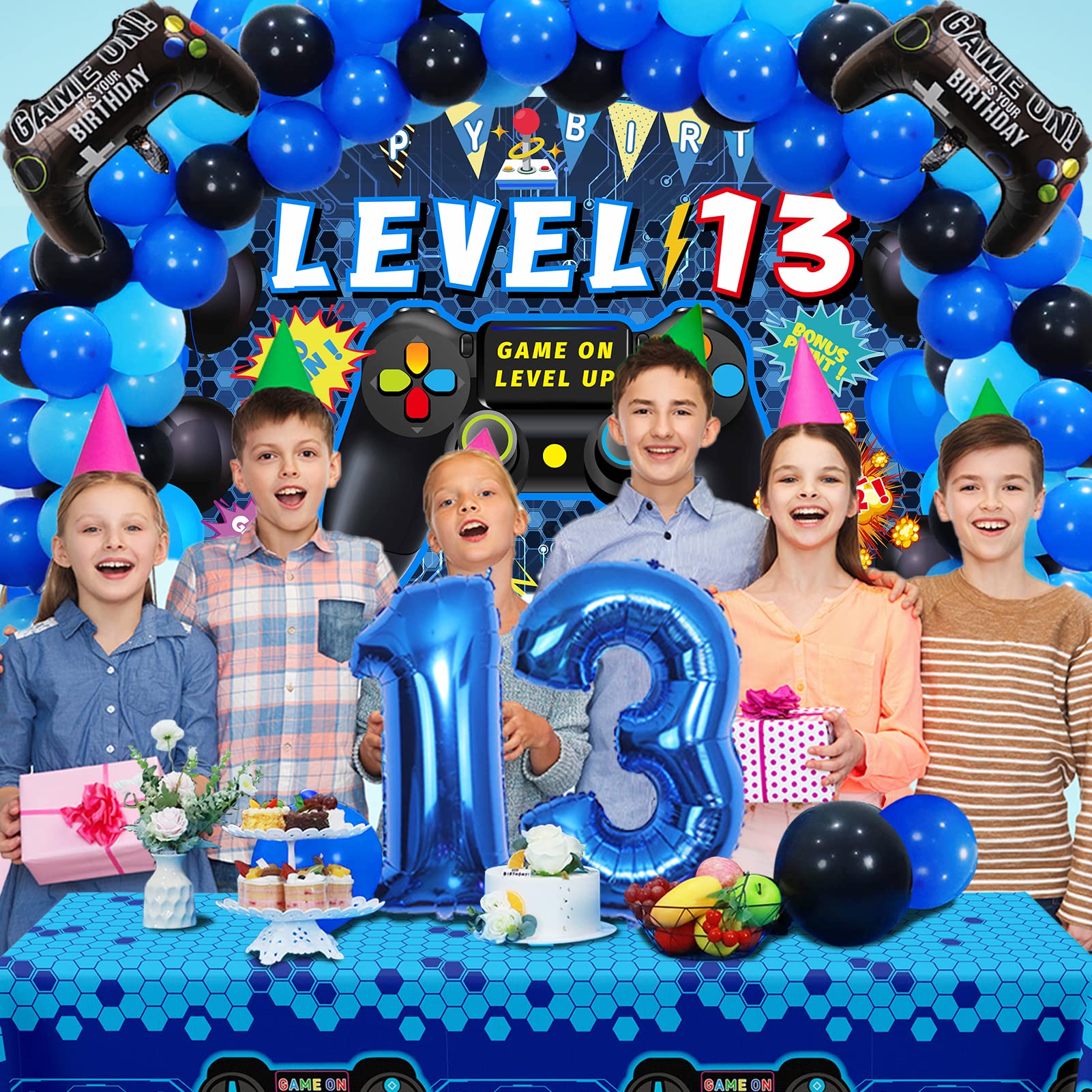 Vlipoeasn 90PCS 13th Birthday Video Game Party Decorations for Boys Set Blue 13th Birthday Supplies -13th Video Game Backdrop, Balloons, Tablecloth, Gamer and 13 Foil Balloons for 13 Years Old