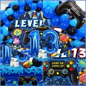 Vlipoeasn 90PCS 13th Birthday Video Game Party Decorations for Boys Set Blue 13th Birthday Supplies -13th Video Game Backdrop, Balloons, Tablecloth, Gamer and 13 Foil Balloons for 13 Years Old