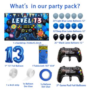 Vlipoeasn 90PCS 13th Birthday Video Game Party Decorations for Boys Set Blue 13th Birthday Supplies -13th Video Game Backdrop, Balloons, Tablecloth, Gamer and 13 Foil Balloons for 13 Years Old