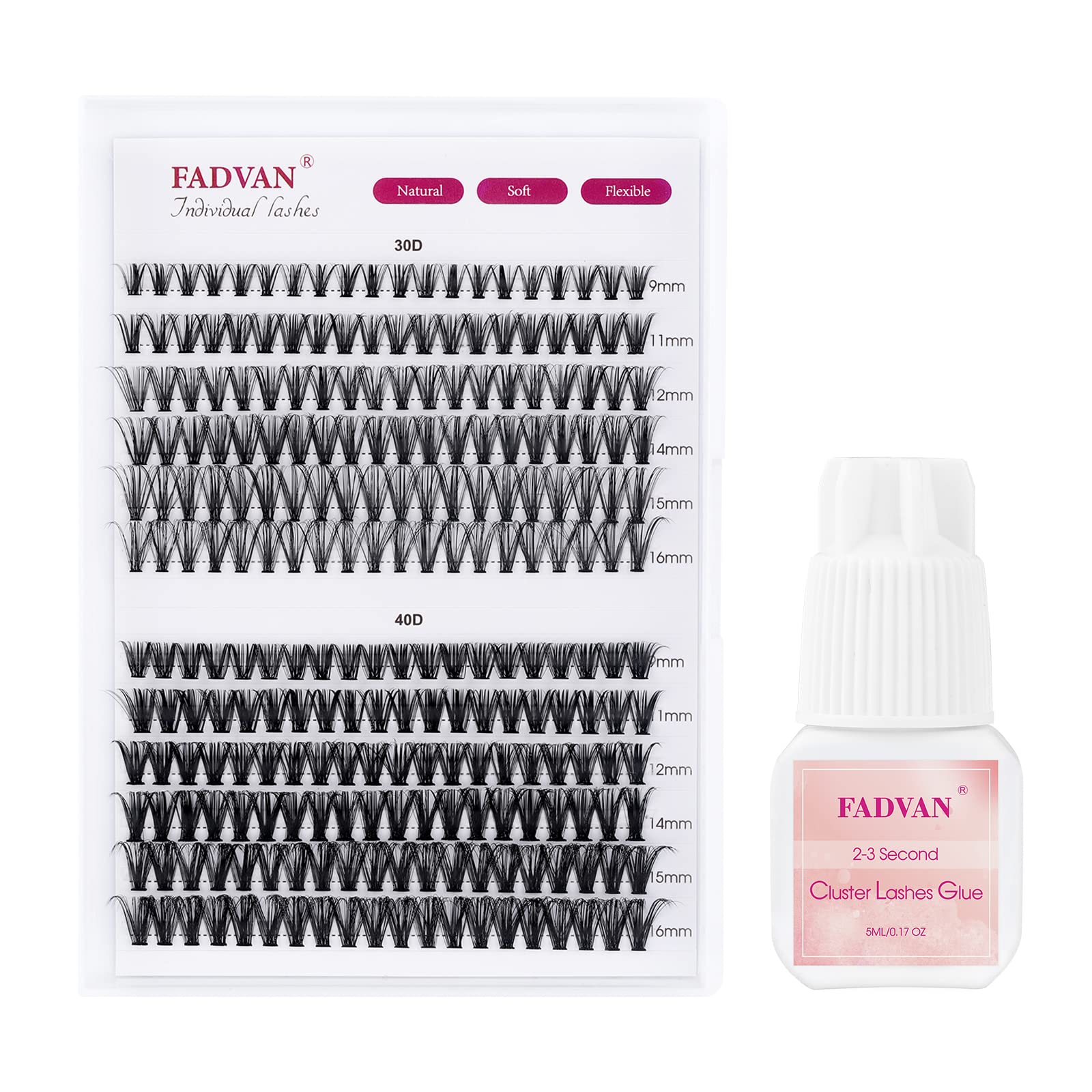 FADVAN Individual Cluster Lashes Glue 5ml and 240Pcs DIY Eyelash Extension 30D+40D D Curl Mixed 9-16mm Bundle