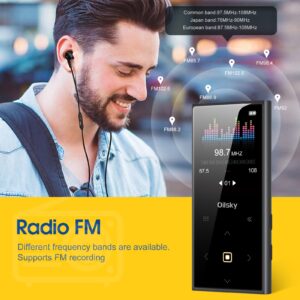 64GB Mp3 Player Bluetooth 5.0, Oilsky Portable Digital Lossless Music Player with FM Radio, Built-in Speaker, Touch Button, Voice Recorder, Lightweight for Sports, Up to 128GB, Headphone Included