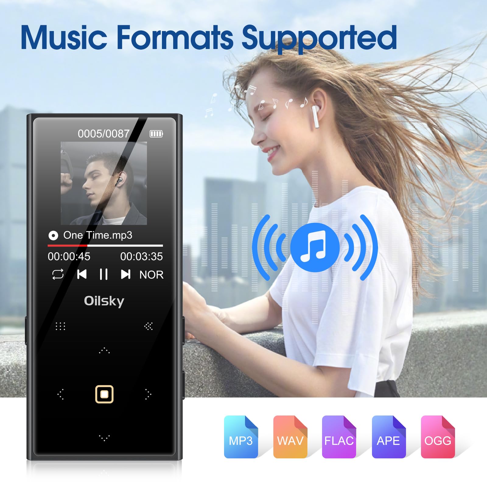 64GB Mp3 Player Bluetooth 5.0, Oilsky Portable Digital Lossless Music Player with FM Radio, Built-in Speaker, Touch Button, Voice Recorder, Lightweight for Sports, Up to 128GB, Headphone Included