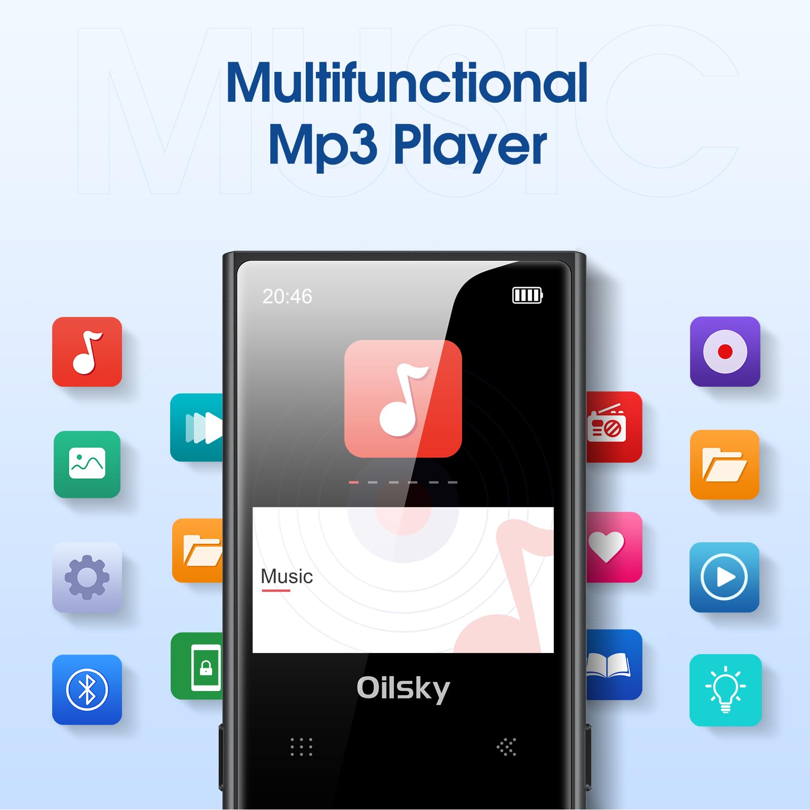 64GB Mp3 Player Bluetooth 5.0, Oilsky Portable Digital Lossless Music Player with FM Radio, Built-in Speaker, Touch Button, Voice Recorder, Lightweight for Sports, Up to 128GB, Headphone Included