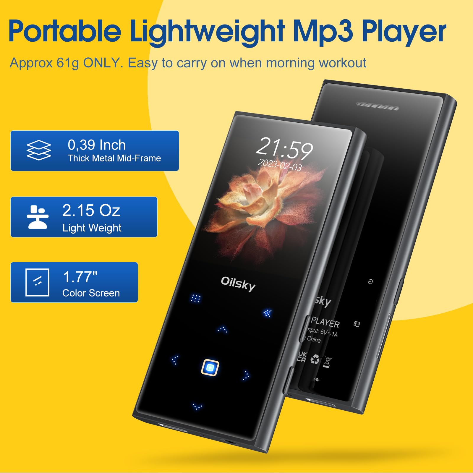 64GB Mp3 Player Bluetooth 5.0, Oilsky Portable Digital Lossless Music Player with FM Radio, Built-in Speaker, Touch Button, Voice Recorder, Lightweight for Sports, Up to 128GB, Headphone Included