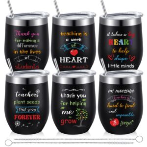 6 pieces teacher gifts teacher tumbler bulk 12oz stainless steel teacher wine glass with lids and straws teacher appreciation, birthday gifts for daycare, preschool, kindergarten teacher