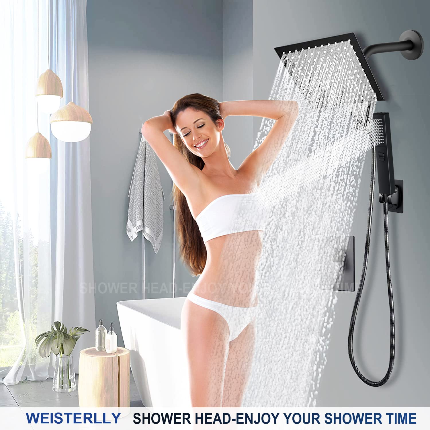 Shower Head, Rain Shower Head with Handheld,High Pressure 6'' Rainfall Stainless Steel Shower Head / 2 Settings Handheld Shower Combo with Shower Holder and 78'' Explosion-Proof Hose (Black)