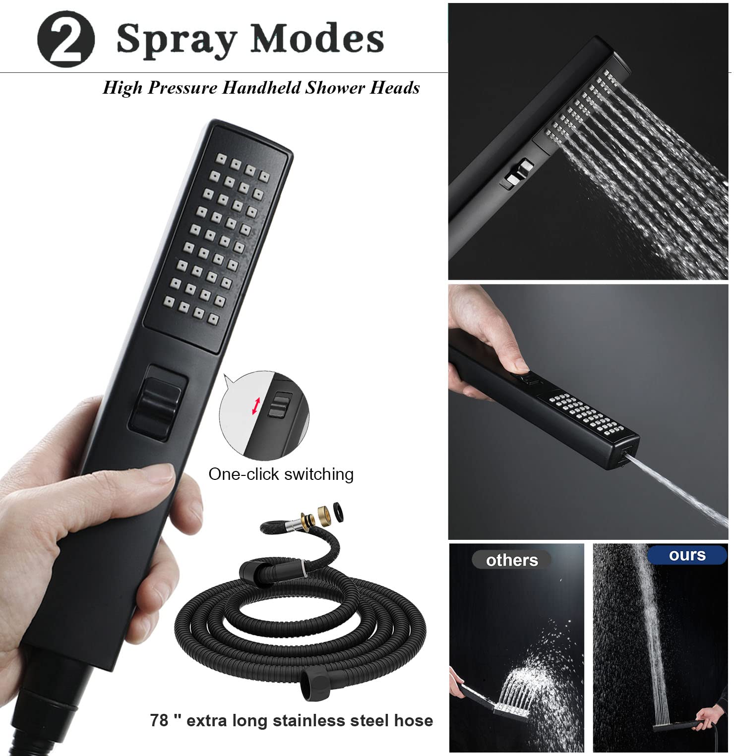 Shower Head, Rain Shower Head with Handheld,High Pressure 6'' Rainfall Stainless Steel Shower Head / 2 Settings Handheld Shower Combo with Shower Holder and 78'' Explosion-Proof Hose (Black)