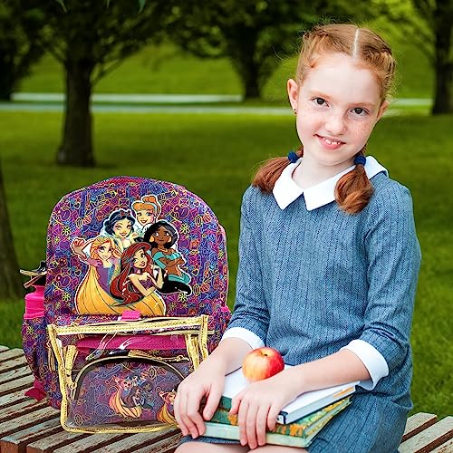 Disney Princess Backpack for Girls 16 inch - 6-Piece Set, Princess Bookbag with Lunch Box, Ideal for Back to School & Elementary Age Girls