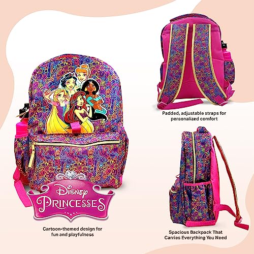 Disney Princess Backpack for Girls 16 inch - 6-Piece Set, Princess Bookbag with Lunch Box, Ideal for Back to School & Elementary Age Girls