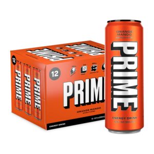 prime energy orange mango | zero sugar energy drink | preworkout energy | 200mg caffeine with 355mg of electrolytes and coconut water for hydration| vegan | gluten free |12 fluid ounce | 12 pack