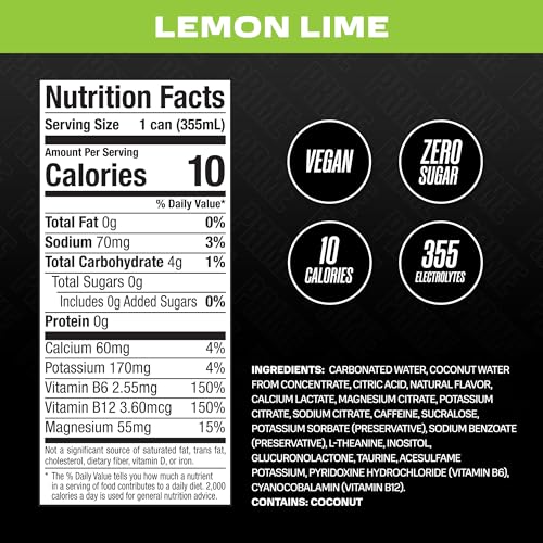 PRIME Energy LEMON LIME | Zero Sugar Energy Drink | Preworkout Energy | 200mg Caffeine with 355mg of Electrolytes and Coconut Water for Hydration| Vegan | Gluten Free |12 Fluid Ounce | 12 Pack