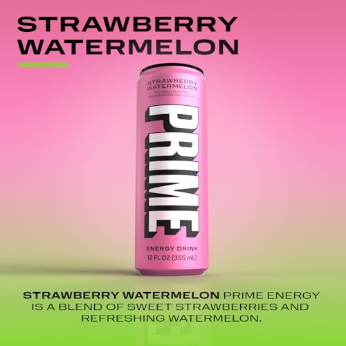 PRIME HYDRATION Energy Drink Strawberry Watermelon, Naturally Flavored, 200mg Caffeine, Zero Sugar, 300mg Electrolytes, Vegan, 12 Fl Oz per Can (Pack of 12)