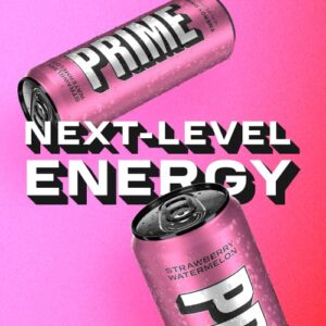 PRIME HYDRATION Energy Drink Strawberry Watermelon, Naturally Flavored, 200mg Caffeine, Zero Sugar, 300mg Electrolytes, Vegan, 12 Fl Oz per Can (Pack of 12)