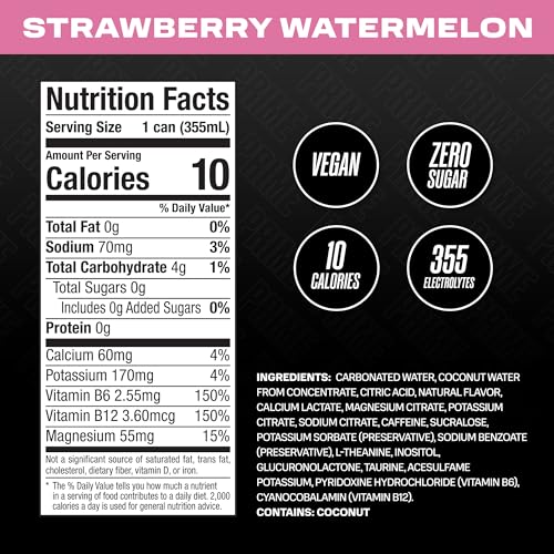 PRIME HYDRATION Energy Drink Strawberry Watermelon, Naturally Flavored, 200mg Caffeine, Zero Sugar, 300mg Electrolytes, Vegan, 12 Fl Oz per Can (Pack of 12)