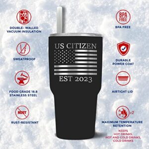 New US Citizen Gifts 2023 | 30oz Steel Travel Tumbler for Coffee or Cold Drinks | American Flag Citizenship Congratulations Mug (30oz Black 2023)