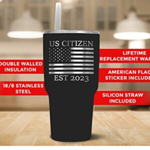 New US Citizen Gifts 2023 | 30oz Steel Travel Tumbler for Coffee or Cold Drinks | American Flag Citizenship Congratulations Mug (30oz Black 2023)