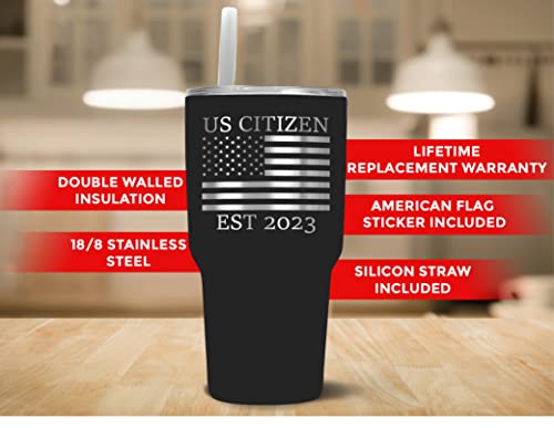 New US Citizen Gifts 2023 | 30oz Steel Travel Tumbler for Coffee or Cold Drinks | American Flag Citizenship Congratulations Mug (30oz Black 2023)