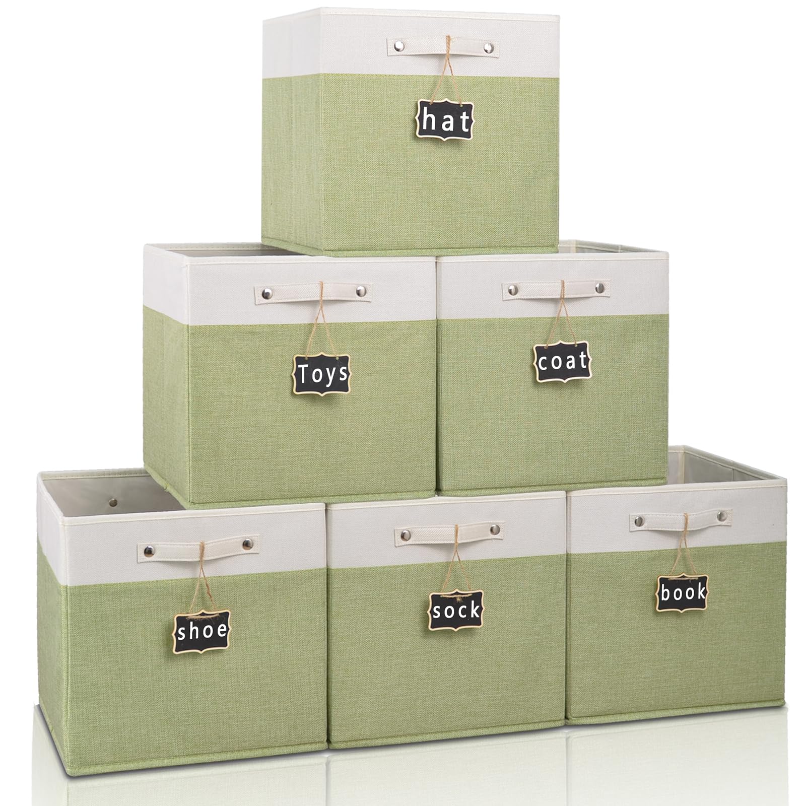 13 inch Cube Storage Bins,Foldable Fabric Storage Cubes with Labels 6 Pack,Linen Cube Storage Organizer Bins with Cotton Handles for Home,Nursery,Clothes,Toys, Shelves and Closet(White green).