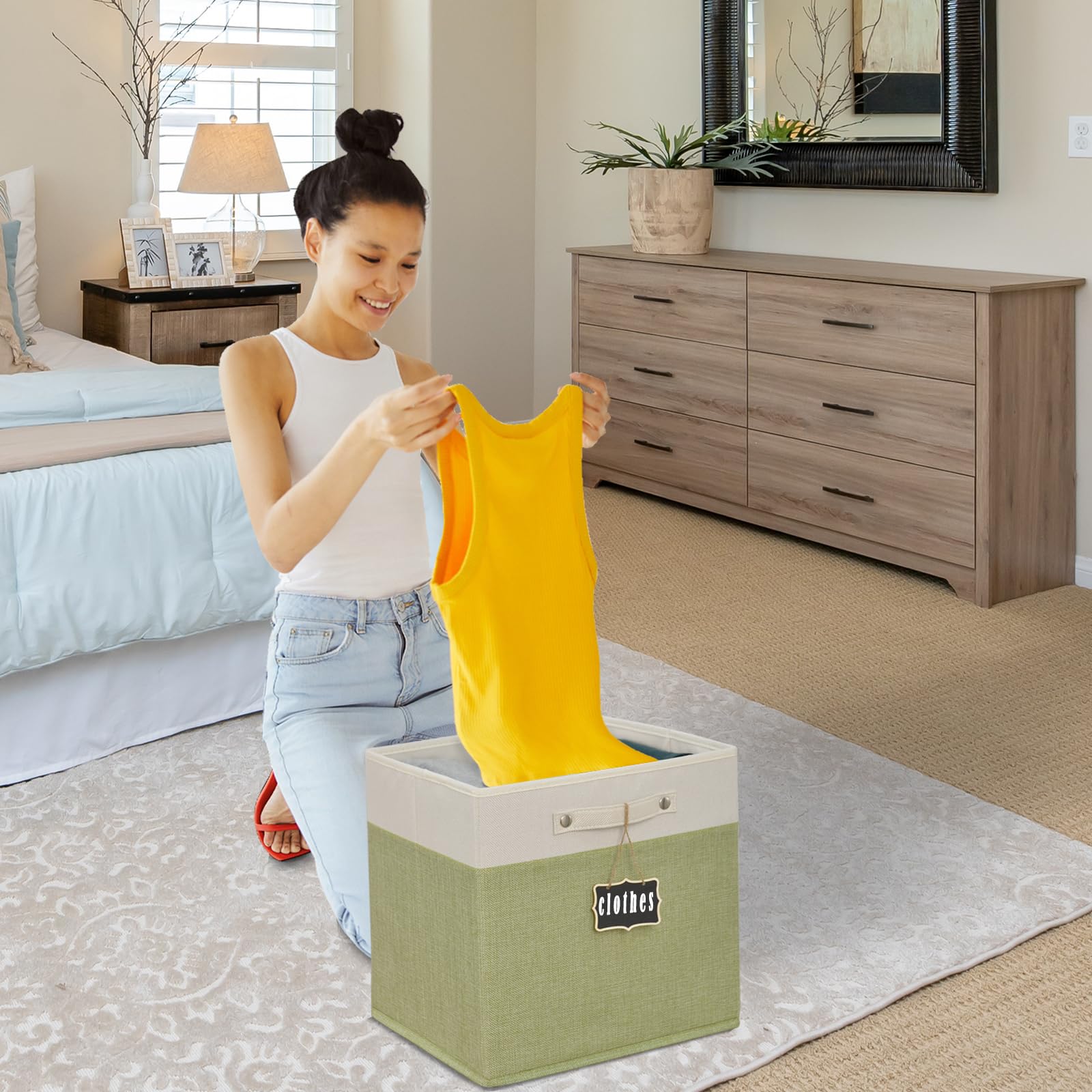 13 inch Cube Storage Bins,Foldable Fabric Storage Cubes with Labels 6 Pack,Linen Cube Storage Organizer Bins with Cotton Handles for Home,Nursery,Clothes,Toys, Shelves and Closet(White green).