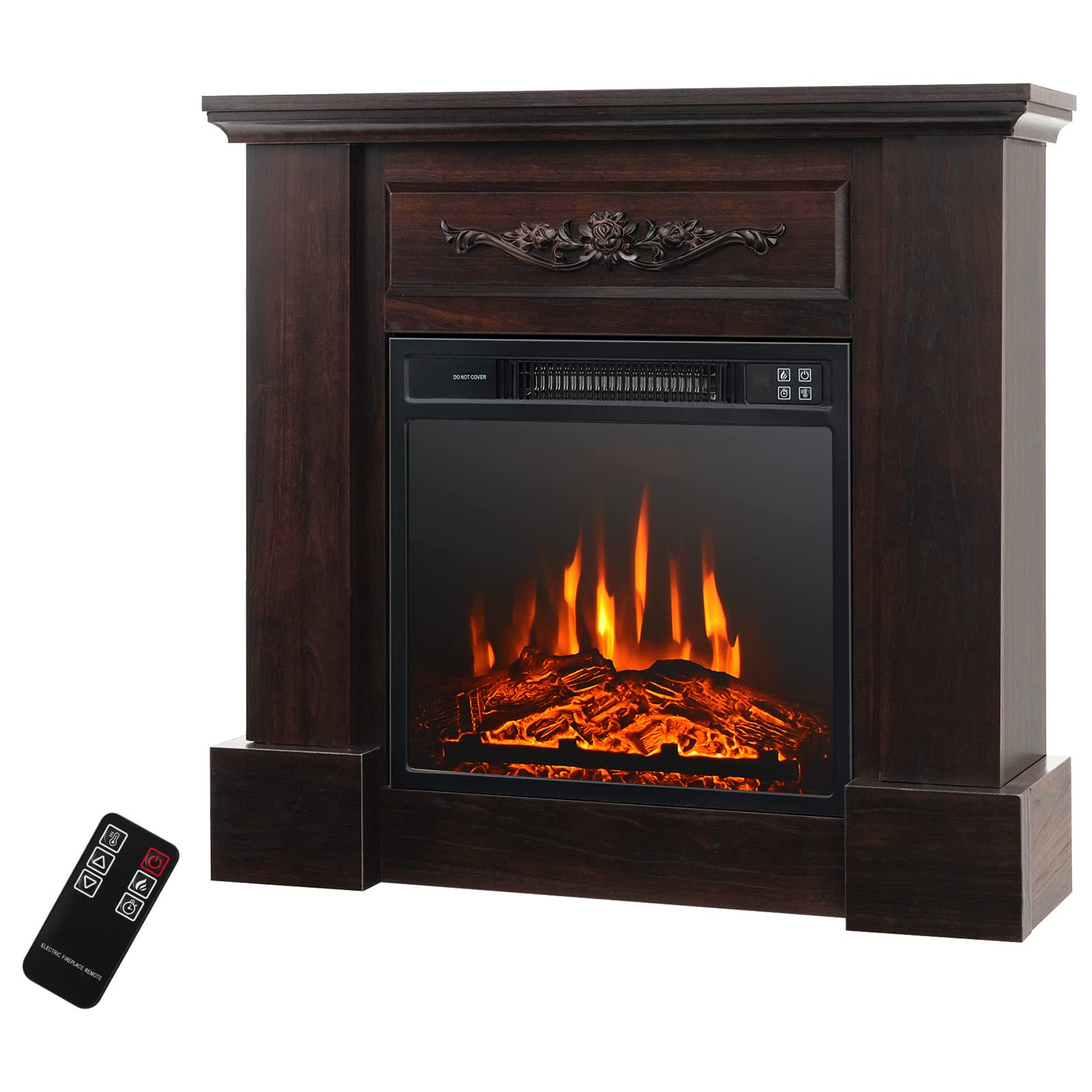 COSTWAY 32-inch Electric Fireplace with Mantel, 1400W Fireplace Heater with Remote Control, 3-Level Realistic Flame, 6H Timer, Overheat Protection, Wooden Surround Fireplace for Living Room, Brown