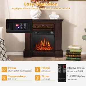 COSTWAY 32-inch Electric Fireplace with Mantel, 1400W Fireplace Heater with Remote Control, 3-Level Realistic Flame, 6H Timer, Overheat Protection, Wooden Surround Fireplace for Living Room, Brown