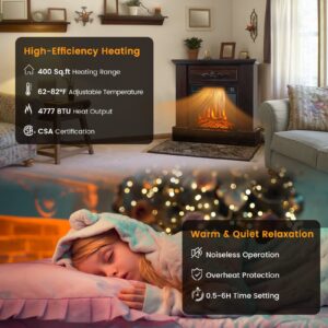 COSTWAY 32-inch Electric Fireplace with Mantel, 1400W Fireplace Heater with Remote Control, 3-Level Realistic Flame, 6H Timer, Overheat Protection, Wooden Surround Fireplace for Living Room, Brown