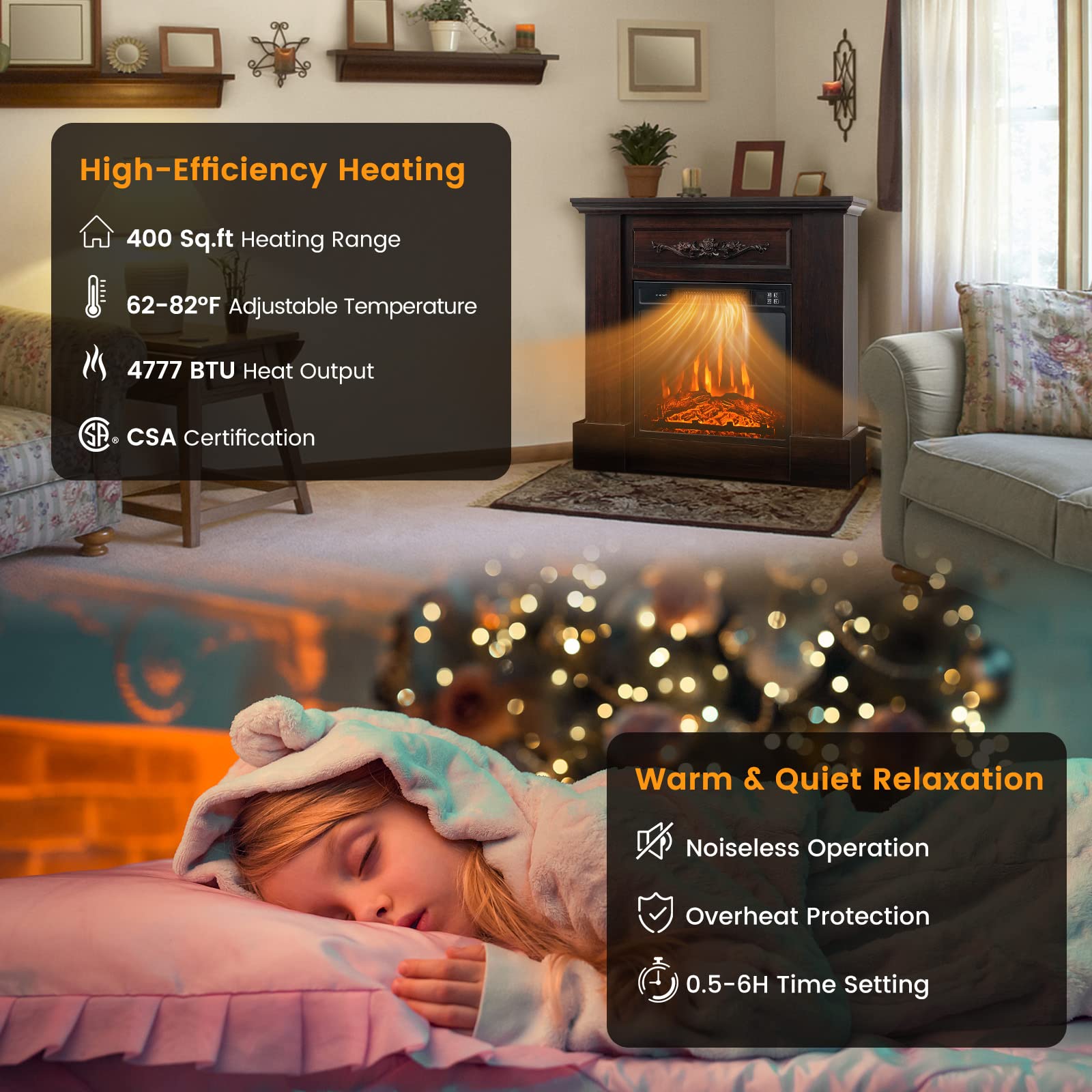 COSTWAY 32-inch Electric Fireplace with Mantel, 1400W Fireplace Heater with Remote Control, 3-Level Realistic Flame, 6H Timer, Overheat Protection, Wooden Surround Fireplace for Living Room, Brown