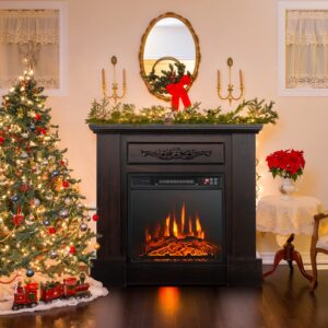 COSTWAY 32-inch Electric Fireplace with Mantel, 1400W Fireplace Heater with Remote Control, 3-Level Realistic Flame, 6H Timer, Overheat Protection, Wooden Surround Fireplace for Living Room, Brown