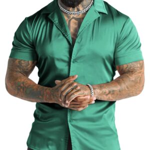 URRU Men's Luxury Shiny Silk Like Satin Dress Shirt Cuban Collar Short Sleeve Casual Slim Fit Muscle Button Up Shirts Dark Green L