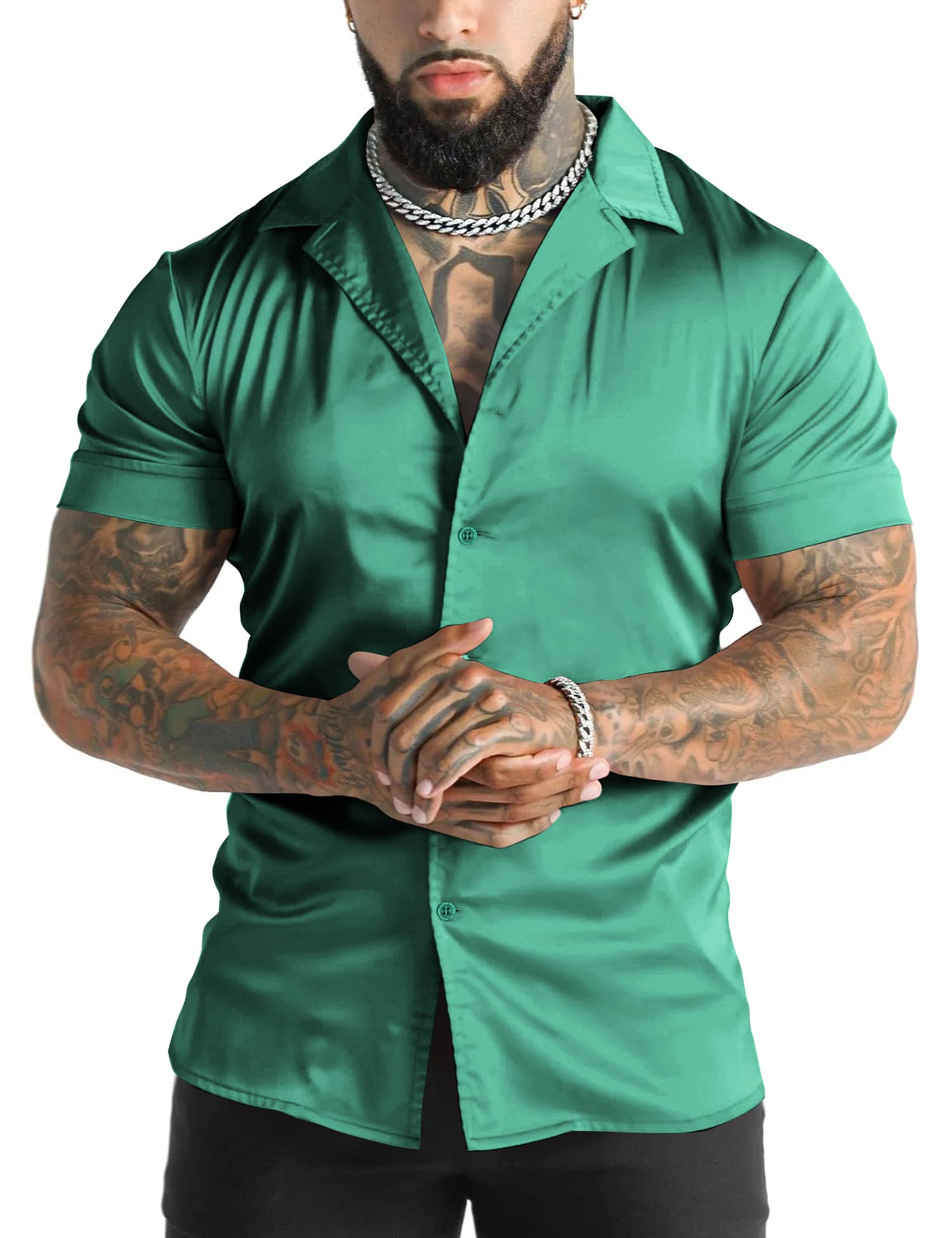 URRU Men's Luxury Shiny Silk Like Satin Dress Shirt Cuban Collar Short Sleeve Casual Slim Fit Muscle Button Up Shirts Dark Green L