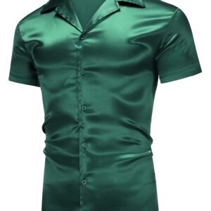 URRU Men's Luxury Shiny Silk Like Satin Dress Shirt Cuban Collar Short Sleeve Casual Slim Fit Muscle Button Up Shirts Dark Green L