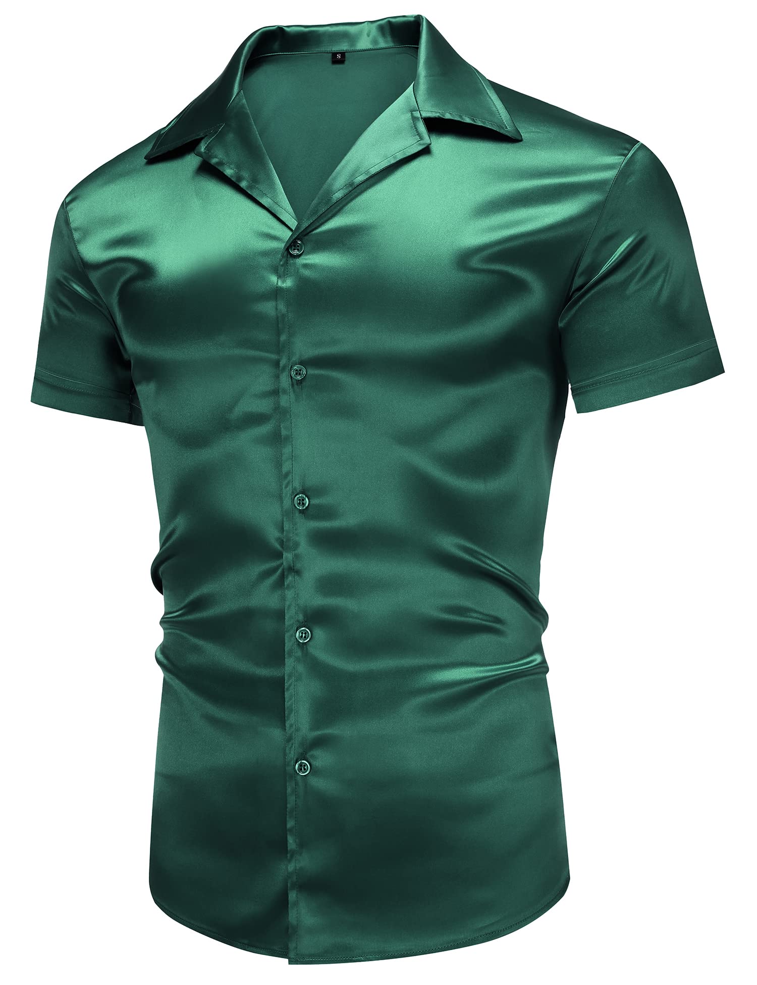 URRU Men's Luxury Shiny Silk Like Satin Dress Shirt Cuban Collar Short Sleeve Casual Slim Fit Muscle Button Up Shirts Dark Green L