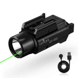 goplant 1500 lumens weapon laser light combo - adjustable rail led light and green laser flashlight, magnetic rechargeable strobe sub-compact tactical light for picatinny or gl rail