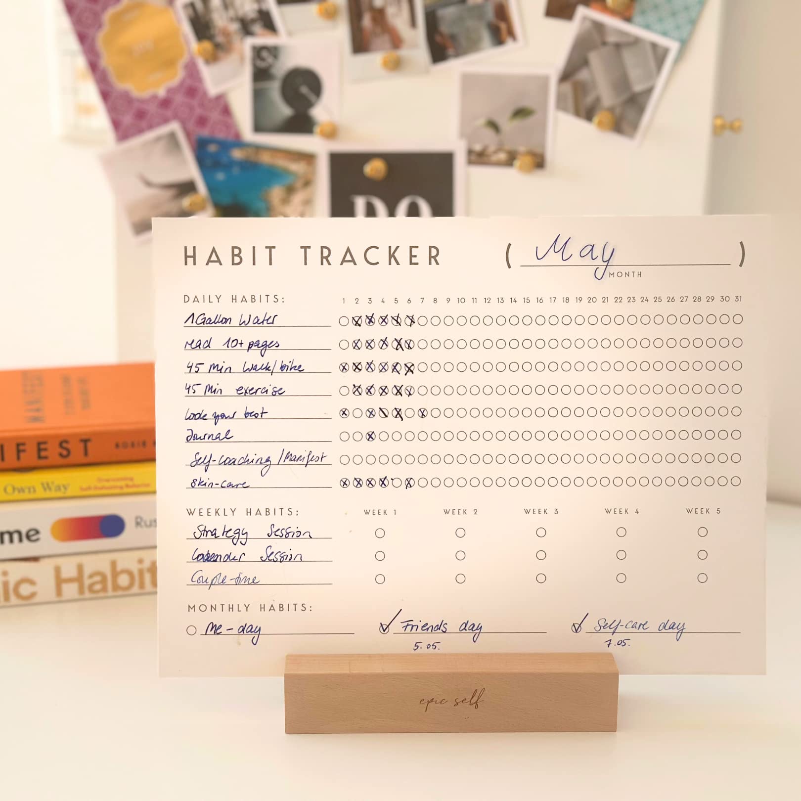 Habit Tracker Calendar with Wood Stand,Daily Goal and Accountability Journal with 12 Paper Sheets for a Year,Develop Better Habits, Goal Tracker, Period Tracker, Fitness, and Overall Well-being