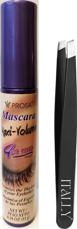 PROFESSIONAL Volumizing Mascara, Intense Length, Buildable, Defining, Curling, Waterproof, Lasts 18+ Hrs., Black, Prosa 4 en 1 Maxi-Volume + Tweezers