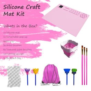 Silicone Mat for Painting 20"x16", Silicone Craft Mat Set with Magnetic Pop-Up Water Cup, Brush, Bag, 12 Color Dividers, Best Gift Chrismad for Family, Pink