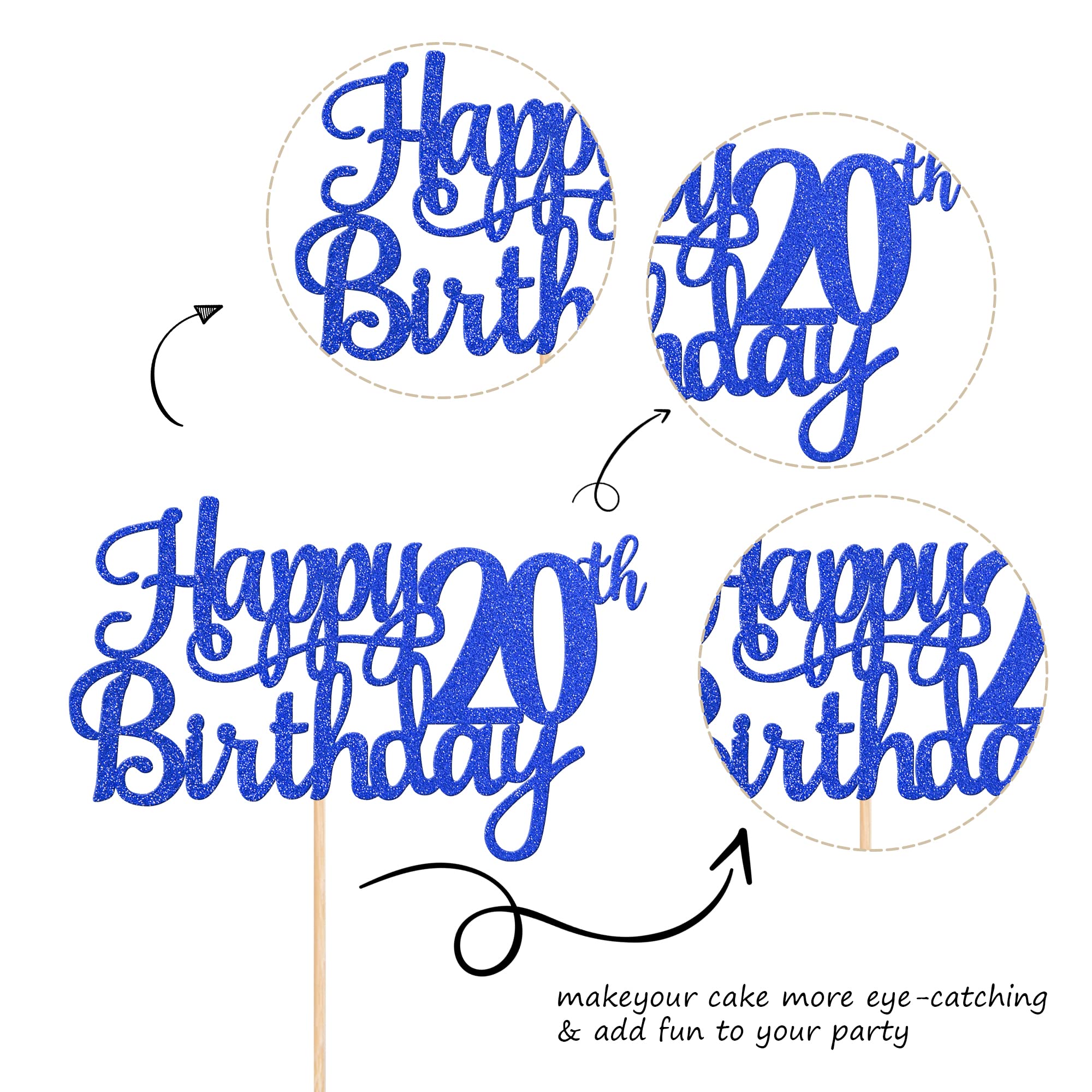 1 PCS Happy 20th Birthday Cake Topper Glitter Cheers to 20 Years Birthday Cake Pick Twenty 20 Fabulous Cake Decoration for Happy 20th Birthday Theme Party Decorations Supplies Blue