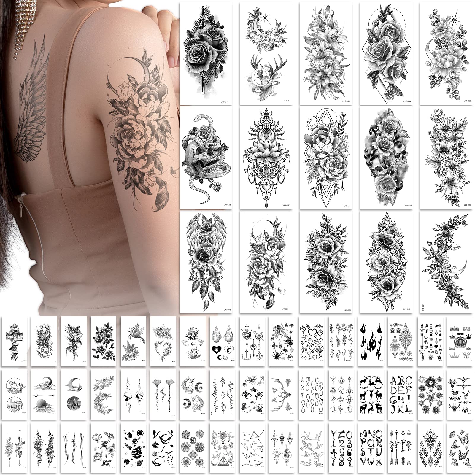 EMOME 400+ Stylish Styles Realistic Temporary Tattoos for Women, Long Lasting Semi Permanent Tattoo, Waterproof Large Flowers Rose Hand Tattoos Stickers and Fake Tattoos for Adults Girls (79 Sheets)