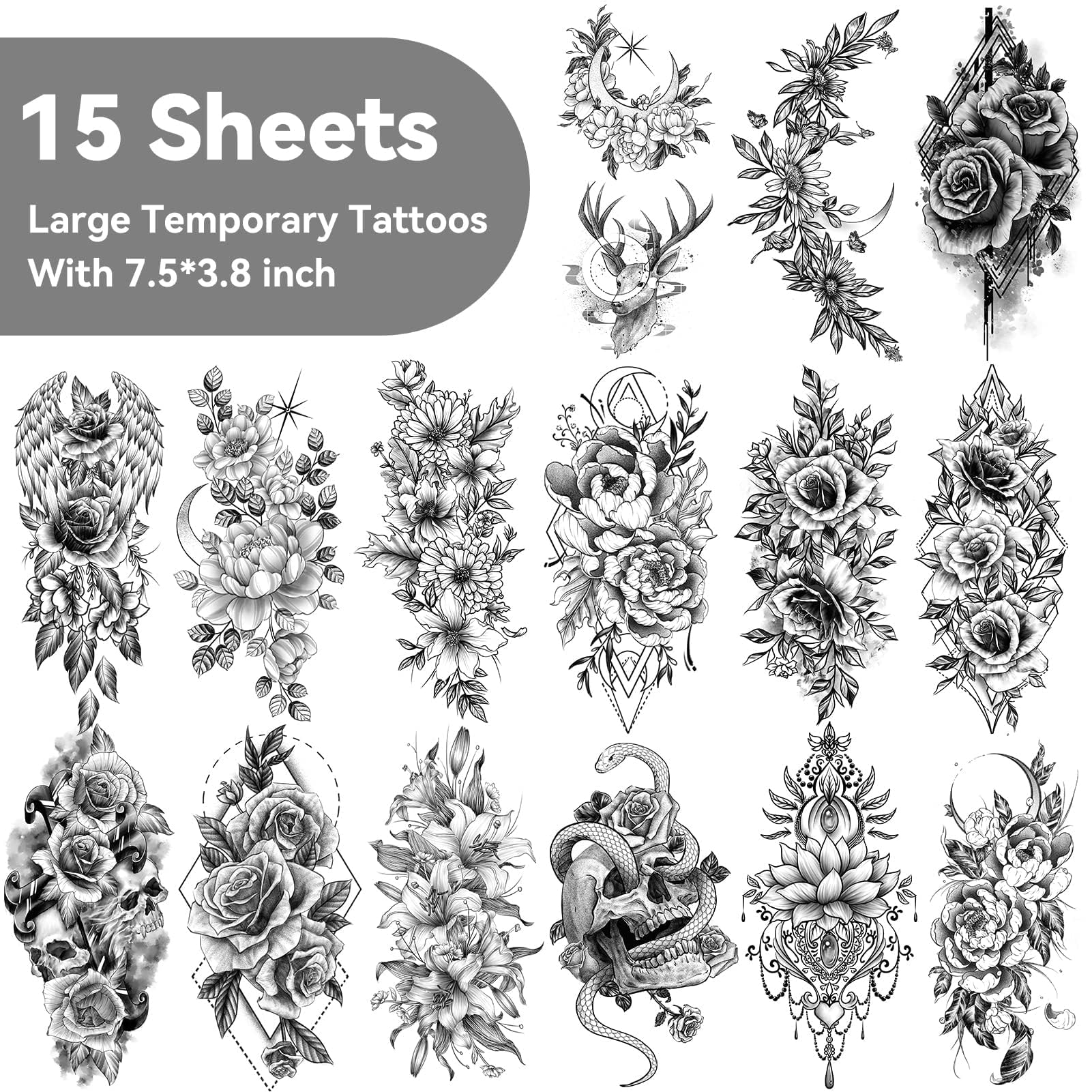 EMOME 400+ Stylish Styles Realistic Temporary Tattoos for Women, Long Lasting Semi Permanent Tattoo, Waterproof Large Flowers Rose Hand Tattoos Stickers and Fake Tattoos for Adults Girls (79 Sheets)