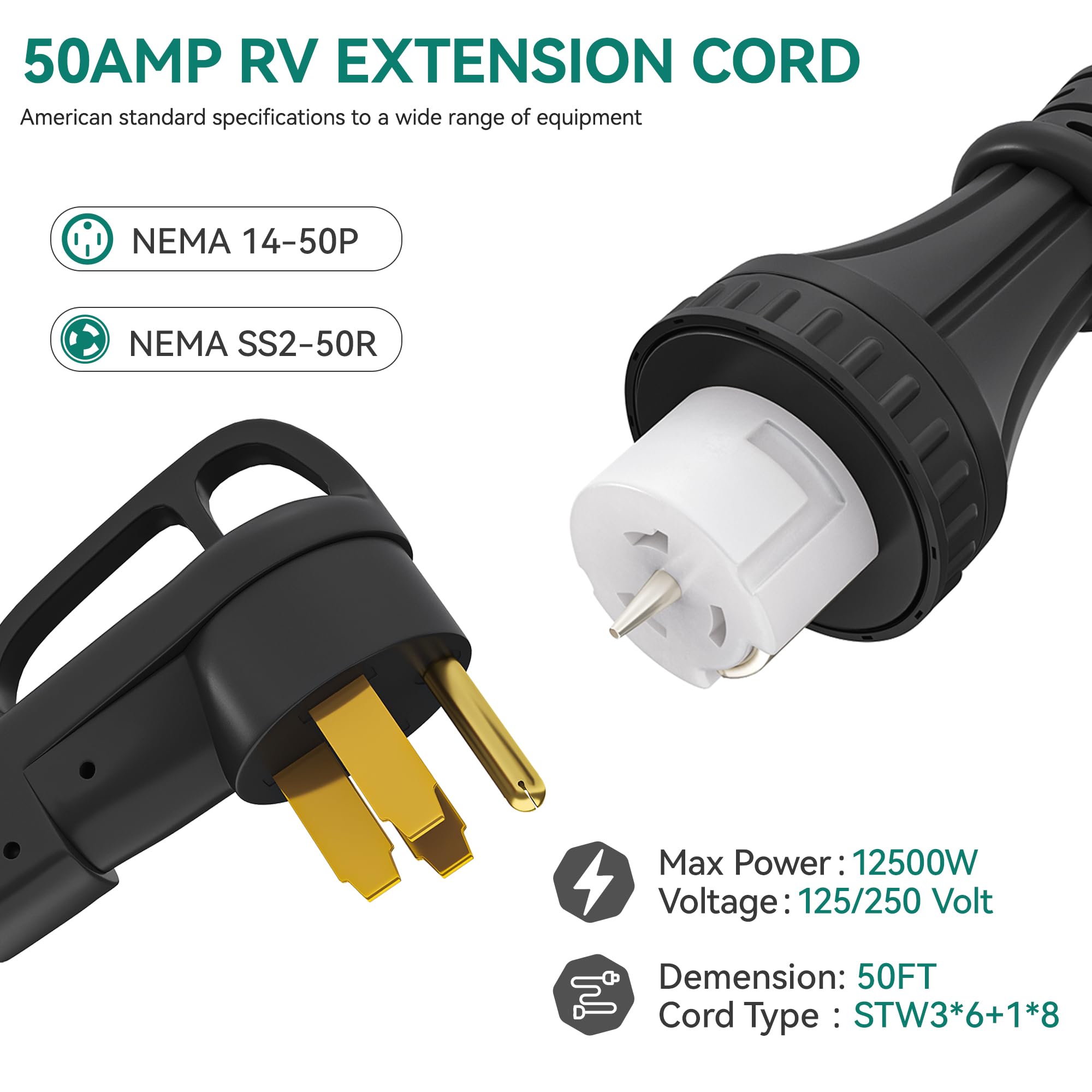 YITAHOME 50 Amp 50FT Generator Extension Cord with Power Inlet Box Heavy Duty Generator Cord, NEMA 14-50P/SS2-50R, 4 Prong STW 6/3+8/1AWG, Twist Lock Connector with UL/ETL, 125V/250V, 12500W w/Strap