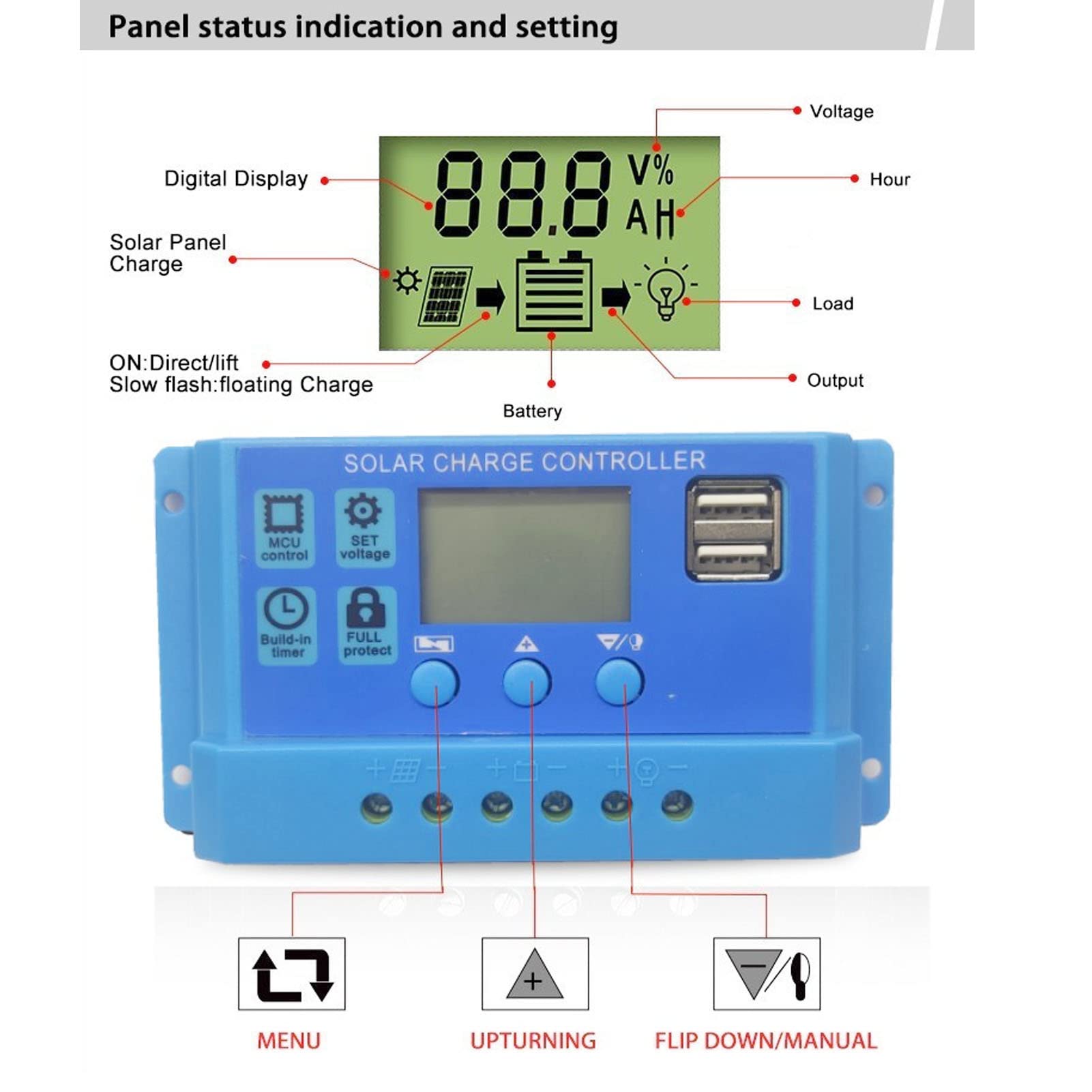 Solar Charge Controller, 12V 24V MPPT Solar Panel Charge Controller Parameter 2 USB LCD Display for RVs (10A)