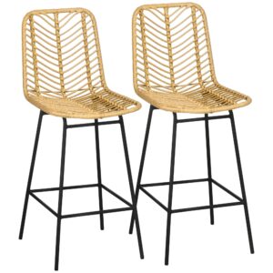 homcom modern rattan bar stools, breathable steel-base wicker counter height barstools for kitchen counter, set of 2, yellow