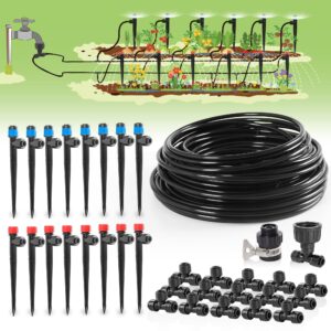 bonviee 100ft drip irrigation kit, quick-connect garden watering system for outdoor plants with 1/4 inch blank tubing adjustable emitters sprinkler for raised bed lawn greenhouse flower pot