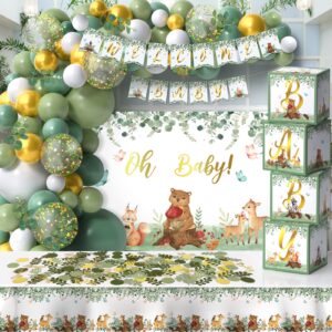 269 pc sage green baby shower decorations, gender neutral baby shower decorations includes baby balloon box backdrop tablecloth banner garland kit confetti, greenery woodland baby shower decorations