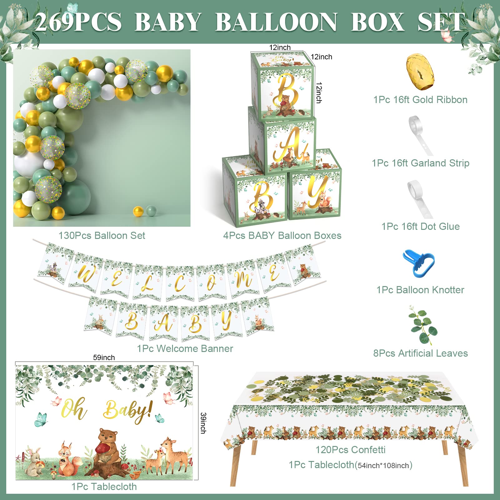 269 PC Sage Green Baby Shower Decorations, Gender Neutral Baby Shower Decorations Includes Baby Balloon Box Backdrop Tablecloth Banner Garland Kit Confetti, Greenery Woodland Baby Shower Decorations