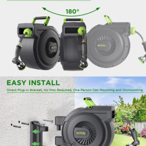 MYTOL Retractable Garden Hose Reel, 1/2 Inch x 100 ft + 6 ft Wall Mount Hose Reel with Automatic Slow Rewind System, Any Length Lock, 10 Patterns Hose Nozzle, 180°Swivel Bracket, for Garden Watering