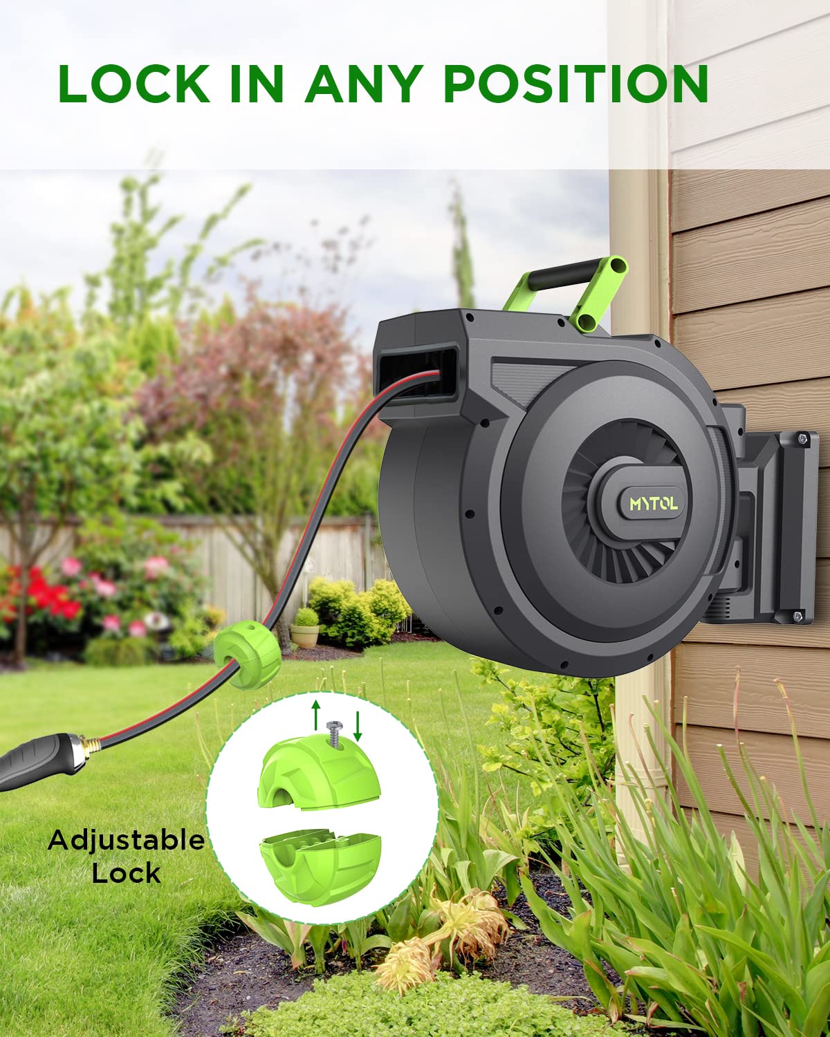 MYTOL Retractable Garden Hose Reel, 1/2 Inch x 100 ft + 6 ft Wall Mount Hose Reel with Automatic Slow Rewind System, Any Length Lock, 10 Patterns Hose Nozzle, 180°Swivel Bracket, for Garden Watering