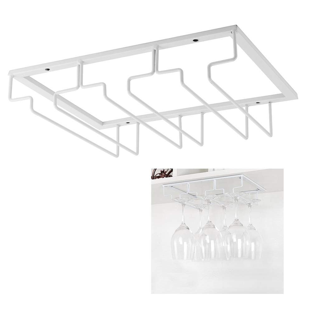 Jenngaoo Hanging Iron Wine Cup Rack, Right Angle Wine Hanging Glasses Hanger, White Under Cabinet Stemware Wine Glass Holder Kitchen Bar Display Shelf (3 Rows)