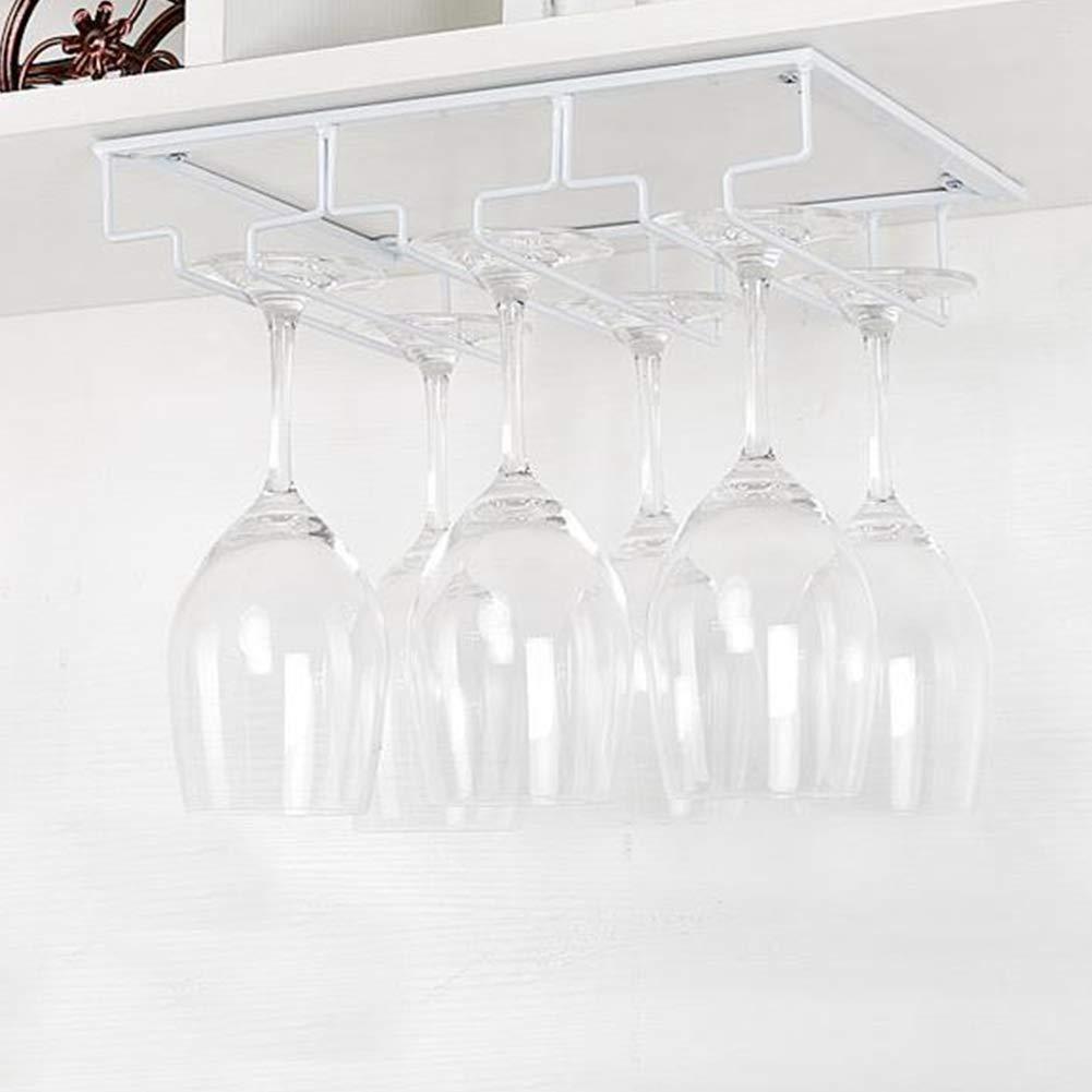 Jenngaoo Hanging Iron Wine Cup Rack, Right Angle Wine Hanging Glasses Hanger, White Under Cabinet Stemware Wine Glass Holder Kitchen Bar Display Shelf (3 Rows)